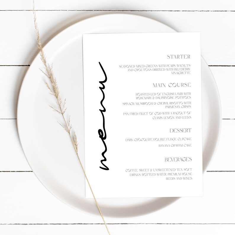 Minimalist Menu Card Template Simple Menu Cards Modern Menu - Etsy