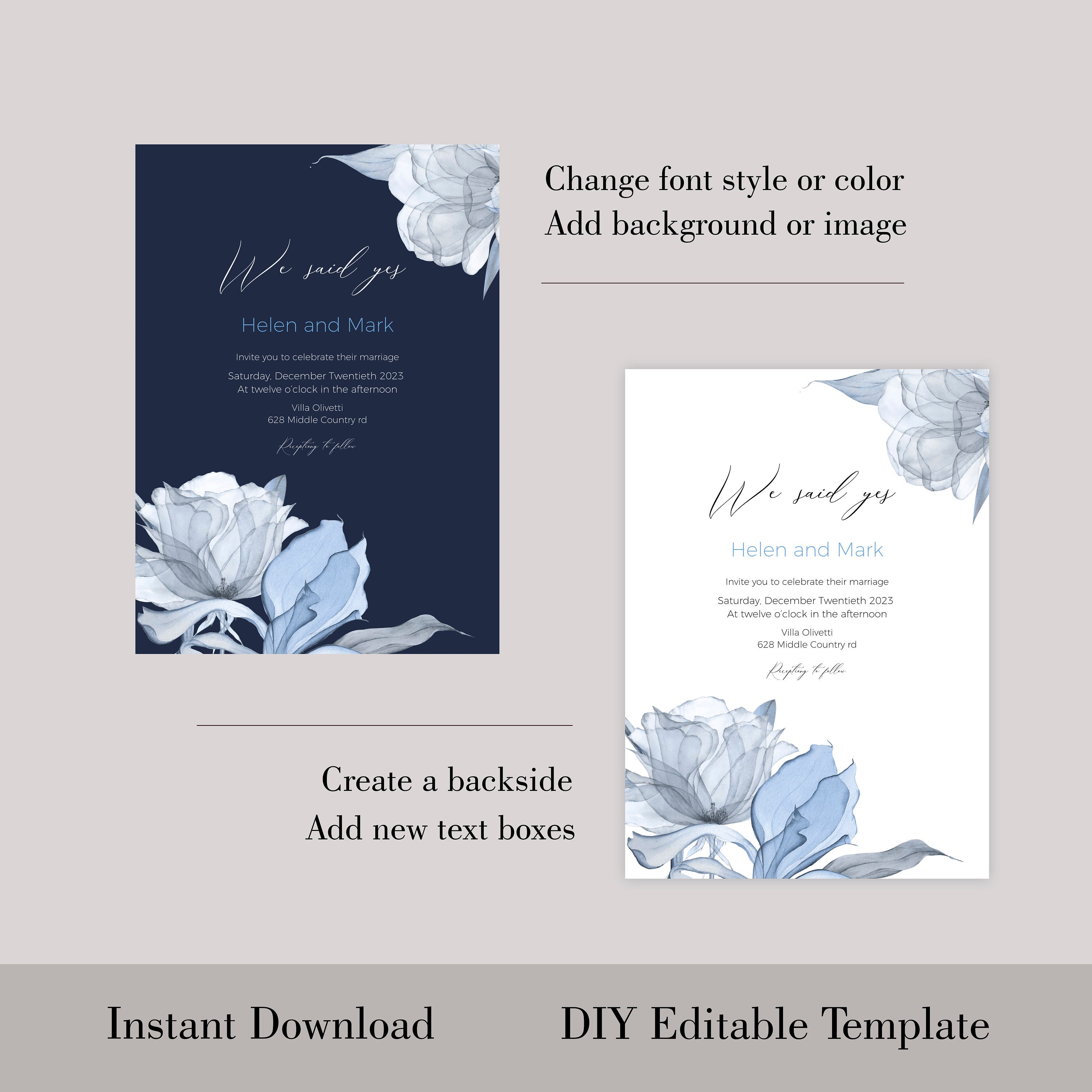 Dusty Blue Wedding Invitation Template Bohemian Wedding | Etsy