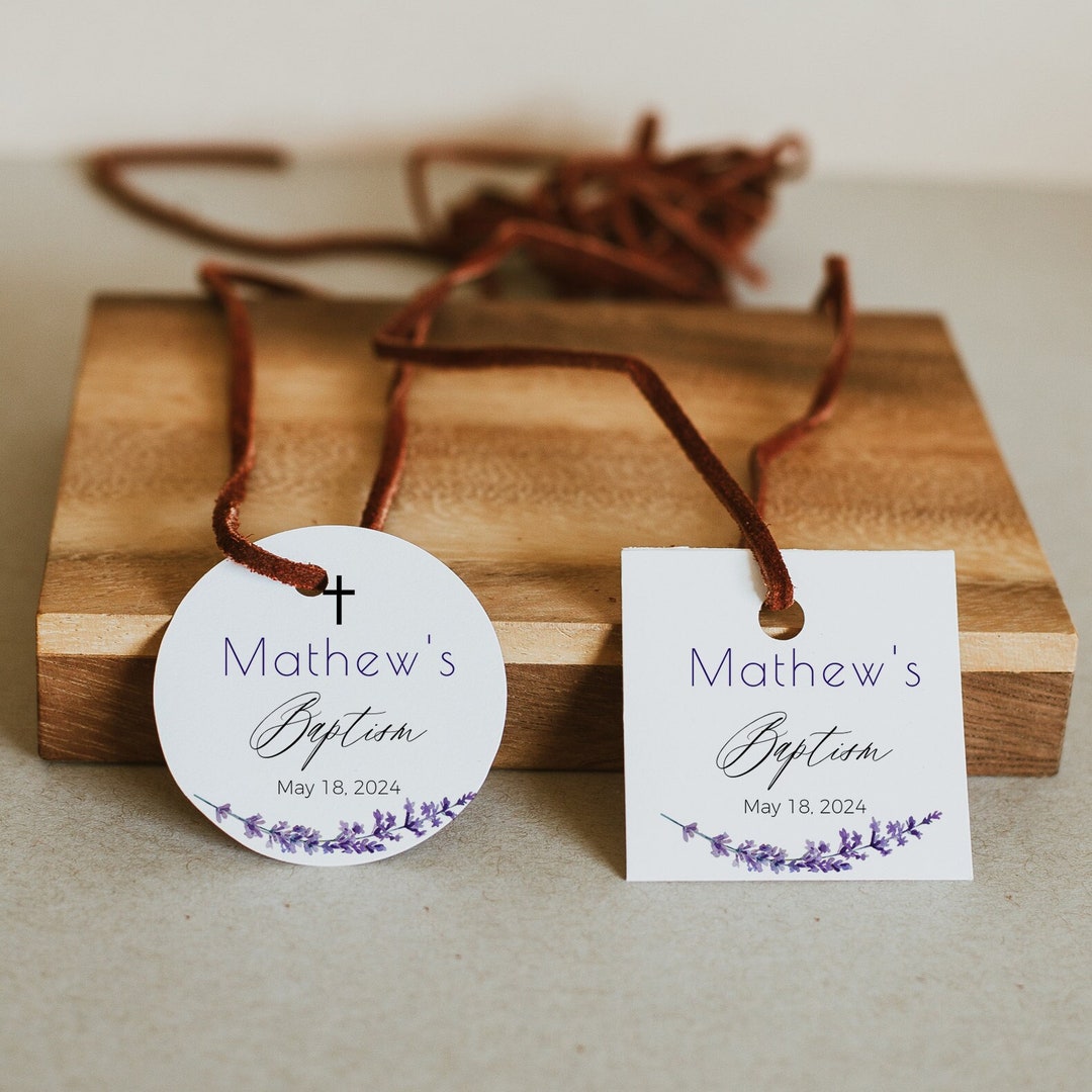 Lavender Baptism Tag, Favor Tag Printable, 100% Editable, Round Favor ...