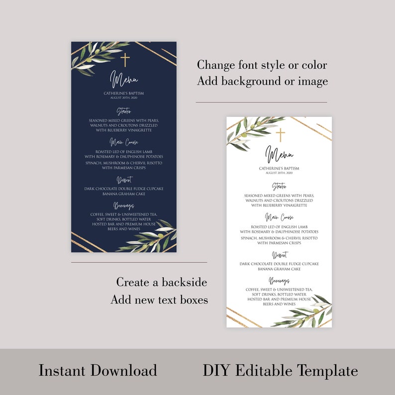 Gold Baptism Menu Template, Greenery Menu Card, Religious Menu Cards ...