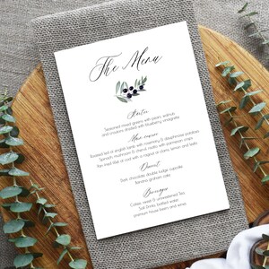 Olive Branch Menu Card Template, 5x7 Menu Card, Greenery Menu, Black ...