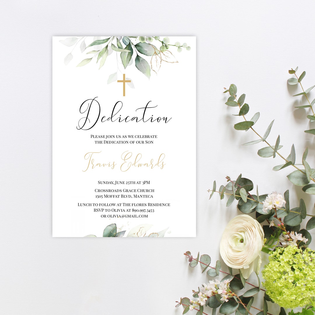Gold Greenery Dedication Invitation Template, Boy Dedication, Gold ...