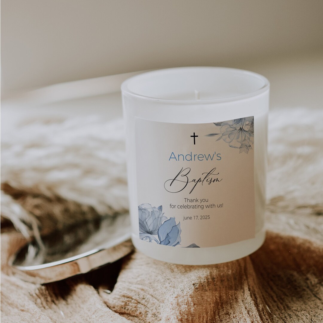 Dusty Blue Baptism Candle Label Template, Thank You Favor, Boy ...