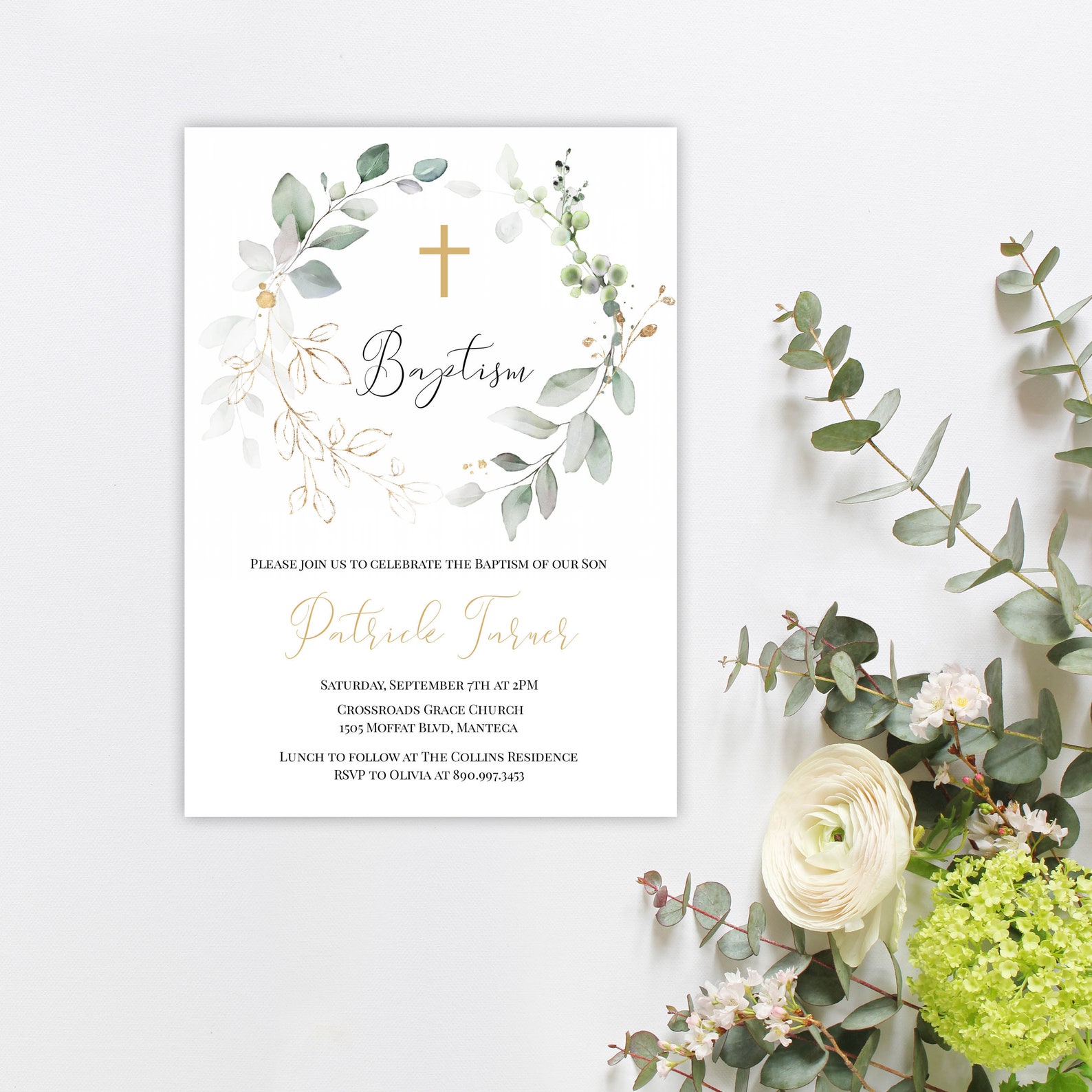 Gold Baptism Invitation, Greenery Baptism Invitation, Boy Baptism ...