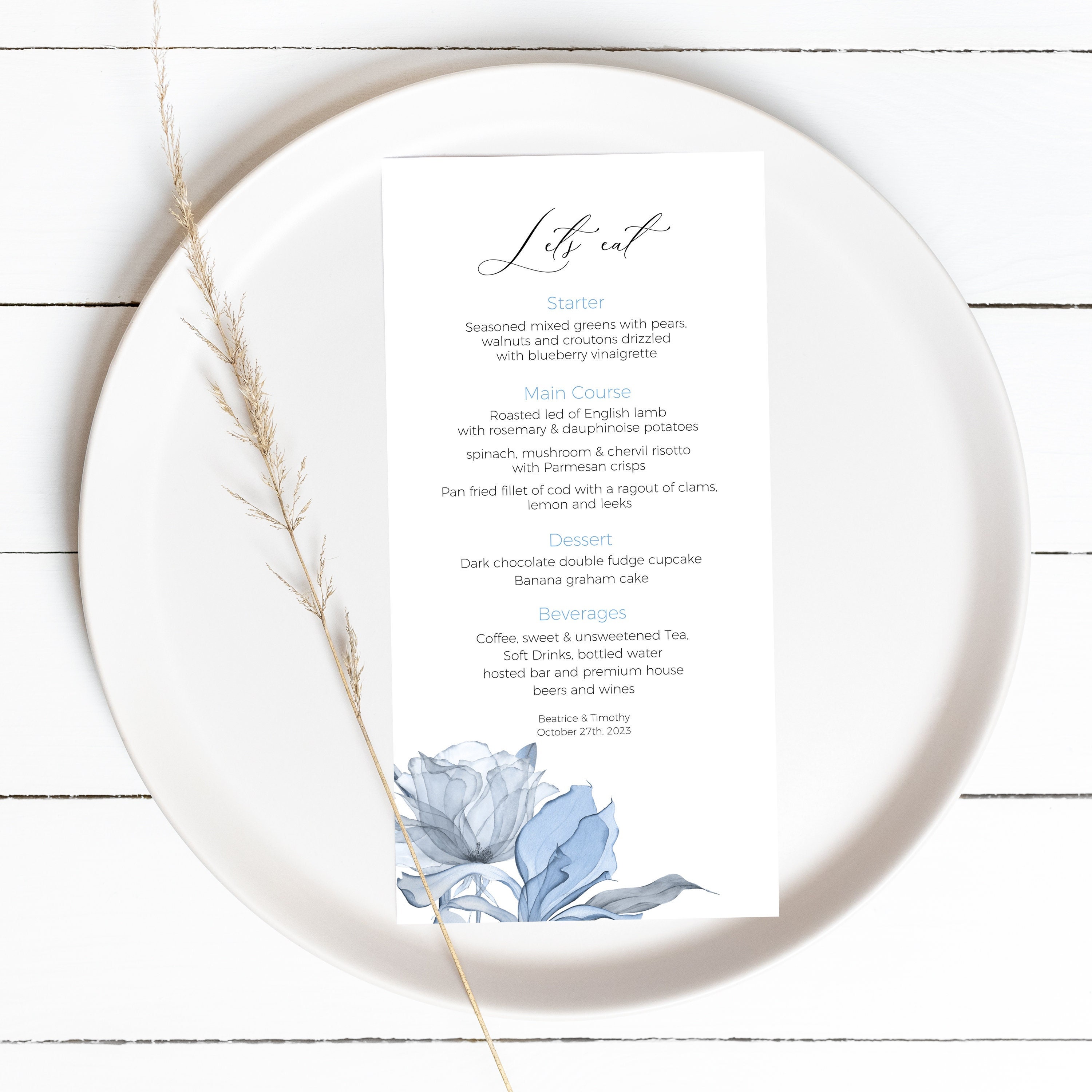 Dusty Blue Menu Card Template Floral Menu Card Boho Menu | Etsy