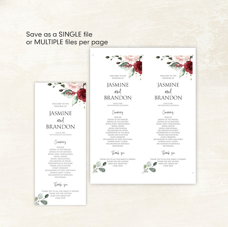 Burgundy Wedding Program Template Wedding Programs Printable - Etsy