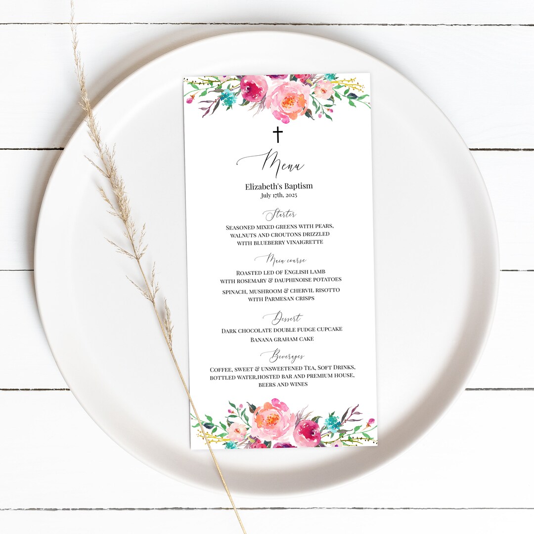 Teal Pink Baptism Menu Card Template, Bright Floral Menu, Religious ...