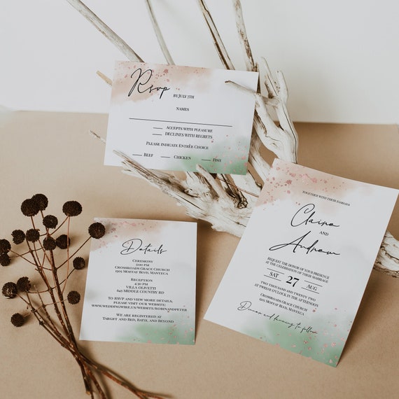 Ethereal Wedding Invitation Template Blush And Mint Wedding | Etsy