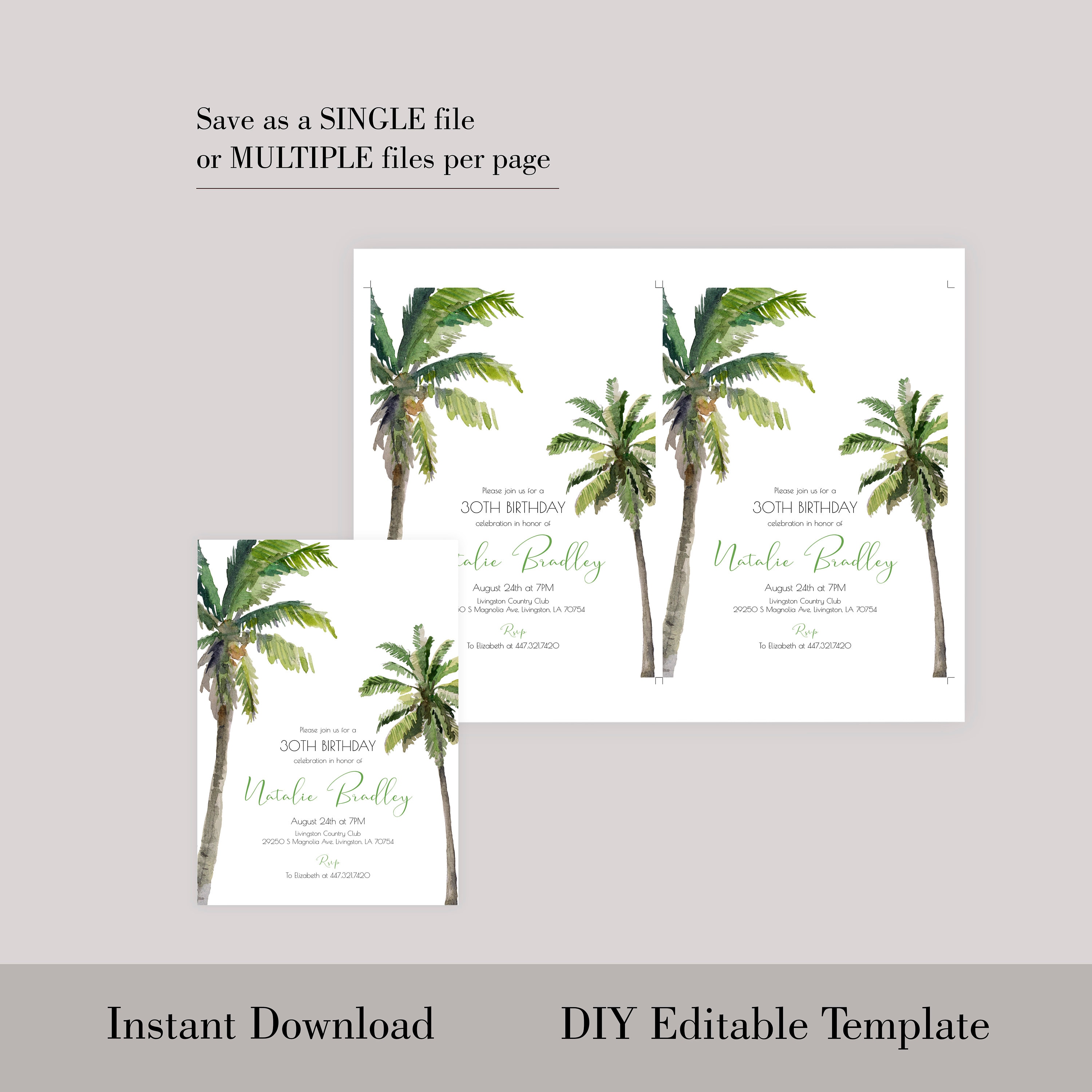 Palm Tree Birthday Invitation Template, 100% Editable, Printable, 30th ...