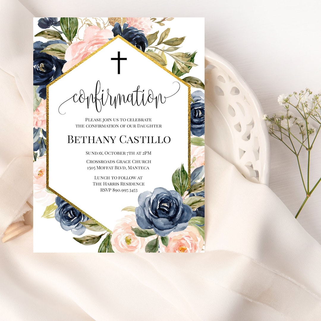 Navy Blush Confirmation Invitation Template, 100% Editable Religious ...