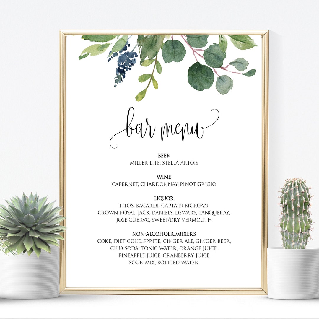 Greenery Bar Menu Template, 100% Editable Bar Menu, 8x10 Bar Menu ...