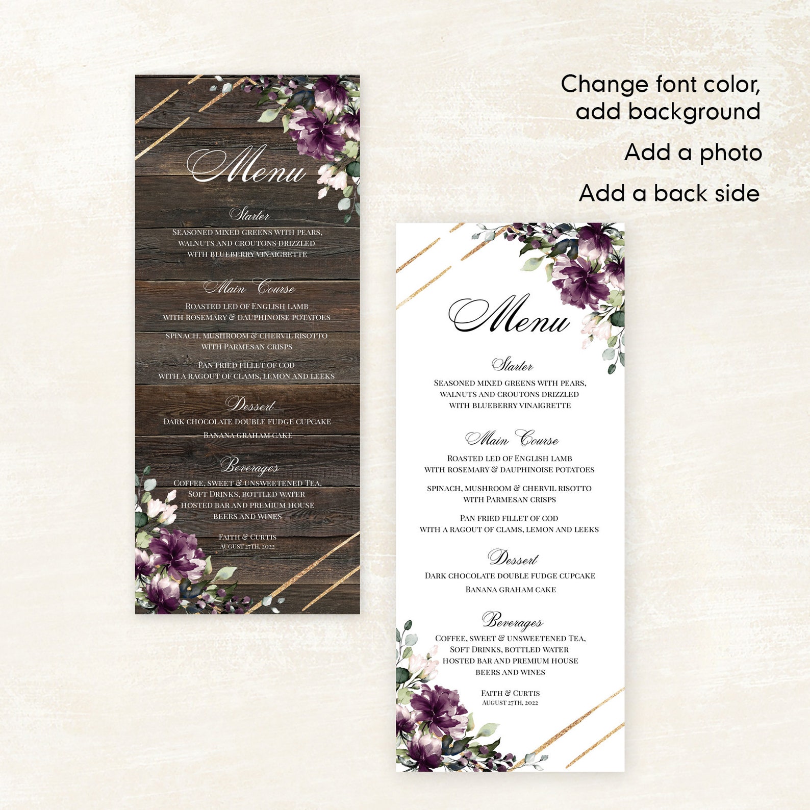 Purple Gold Menu Card Template Menu Template Purple Wedding - Etsy