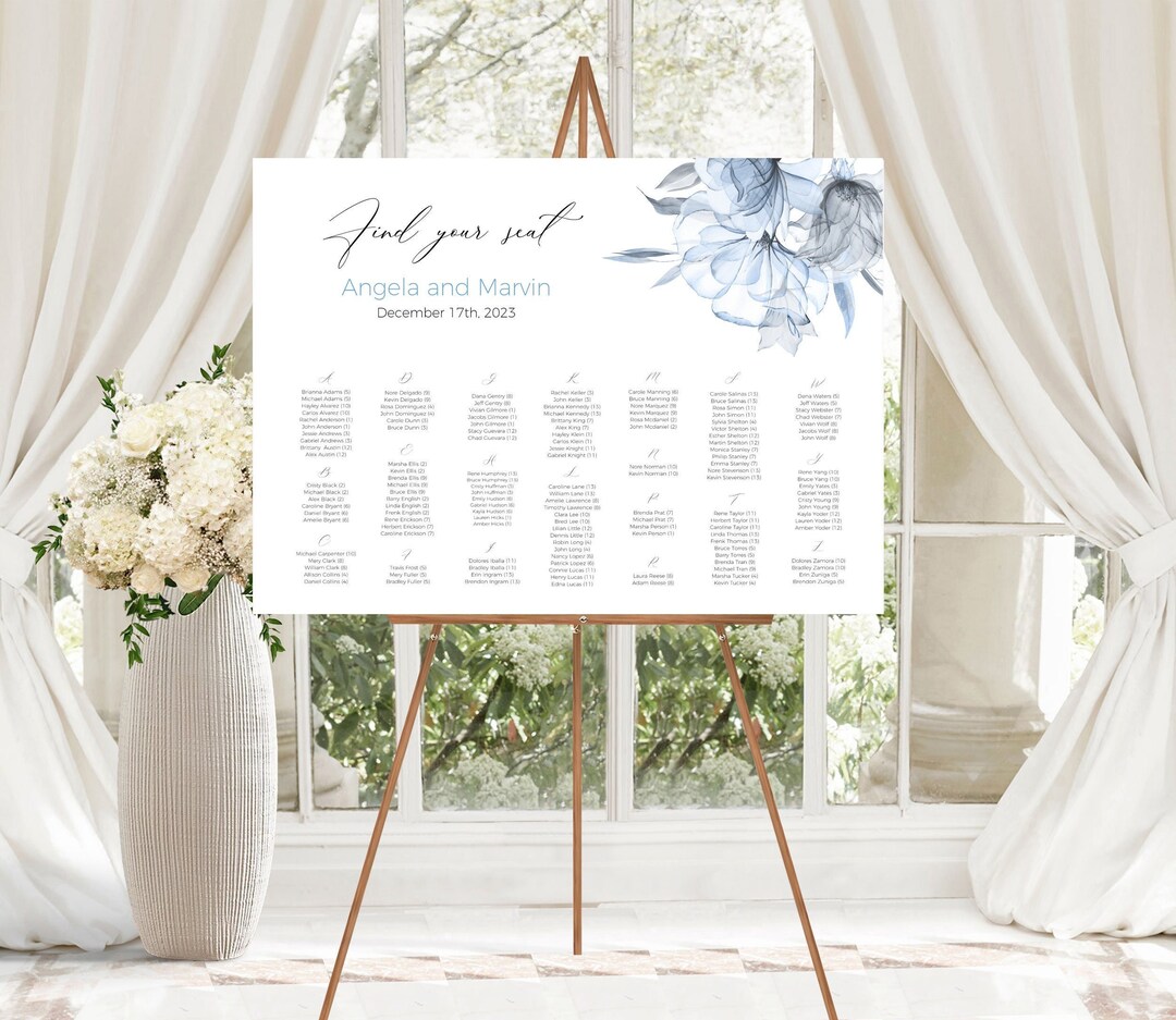 Dusty Blue Alphabetical Seating Chart Template, Floral Seating, 100% ...