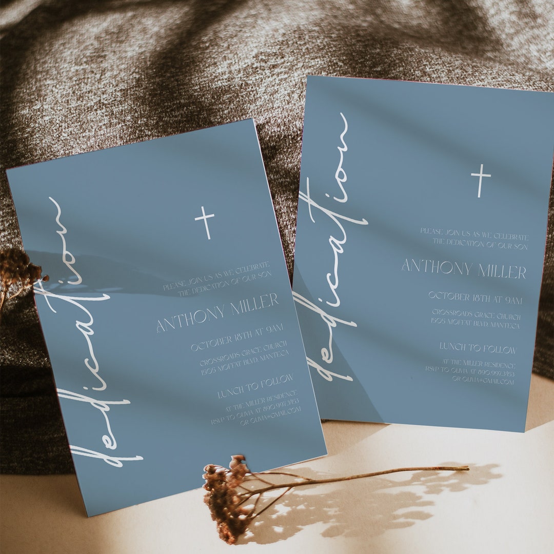 Dust Blue Modern Dedication Invitation Template, Minimalist Dedication ...