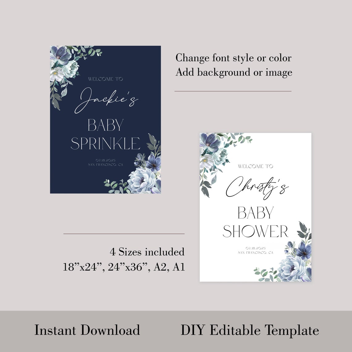 Boy Baby Shower Welcome Sign Template, Blue Floral Welcome Sign, Baby ...