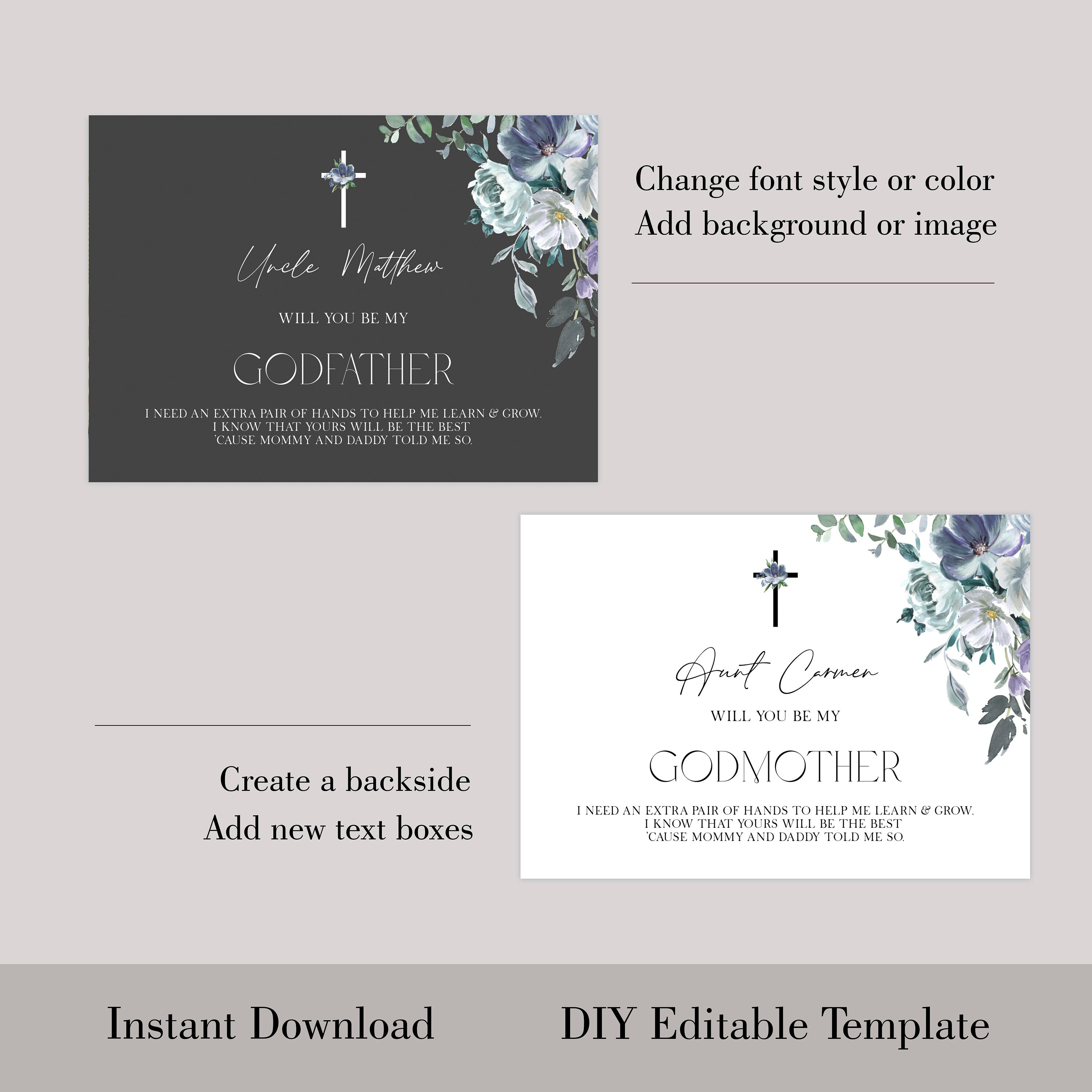 Blue Floral Asking Godparents Template Dusty Blue Godmother - Etsy