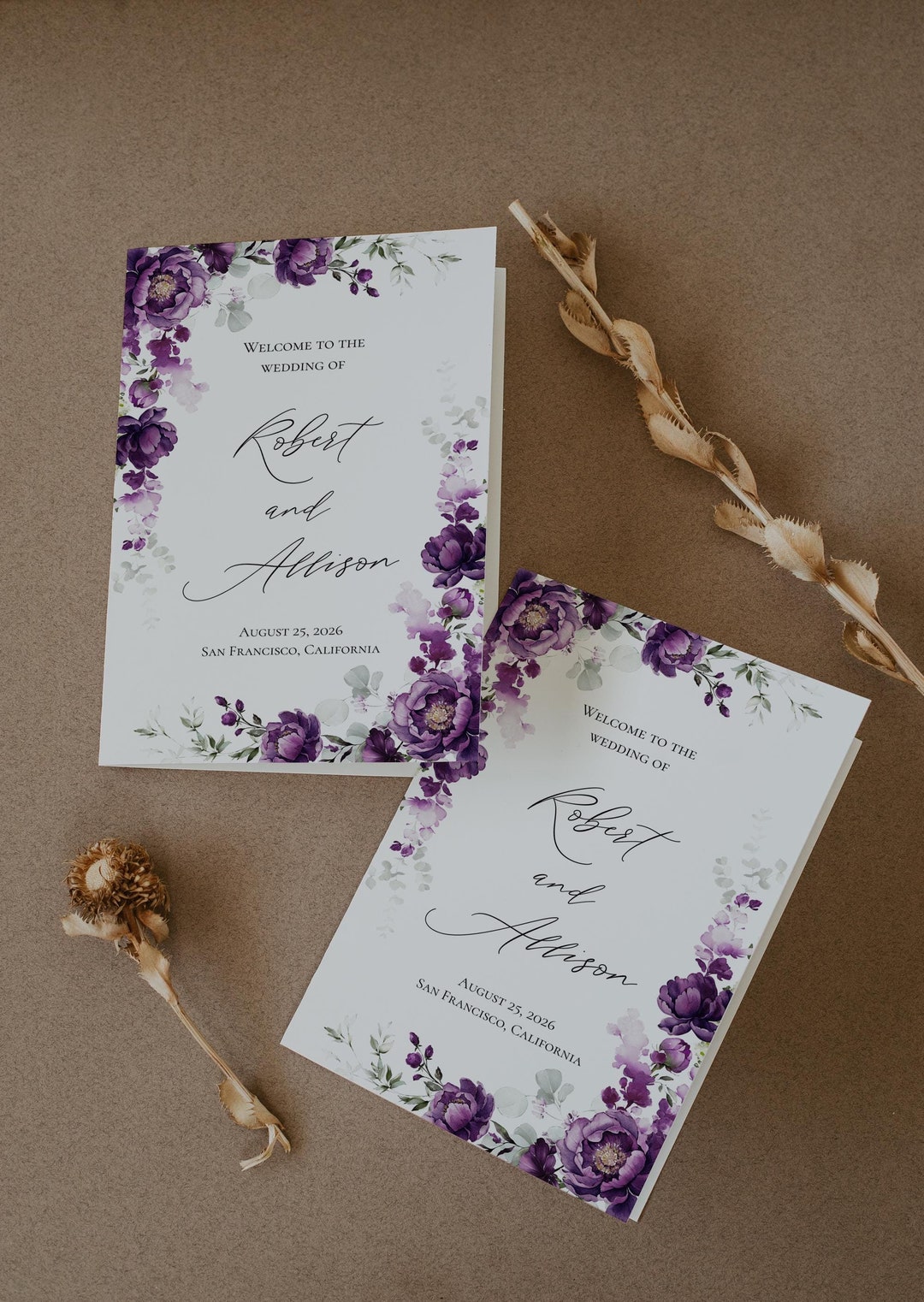 Purple Wedding Program Template Floral Folded Booklet Deep Purple ...