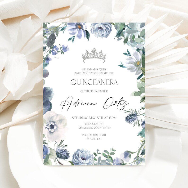 Blue Floral Quinceanera Invitation Template Mis Quince Anos - Etsy