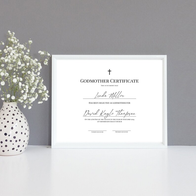 Modern Godfather Certificate Template, 100% Editable, Minimal Godmother ...