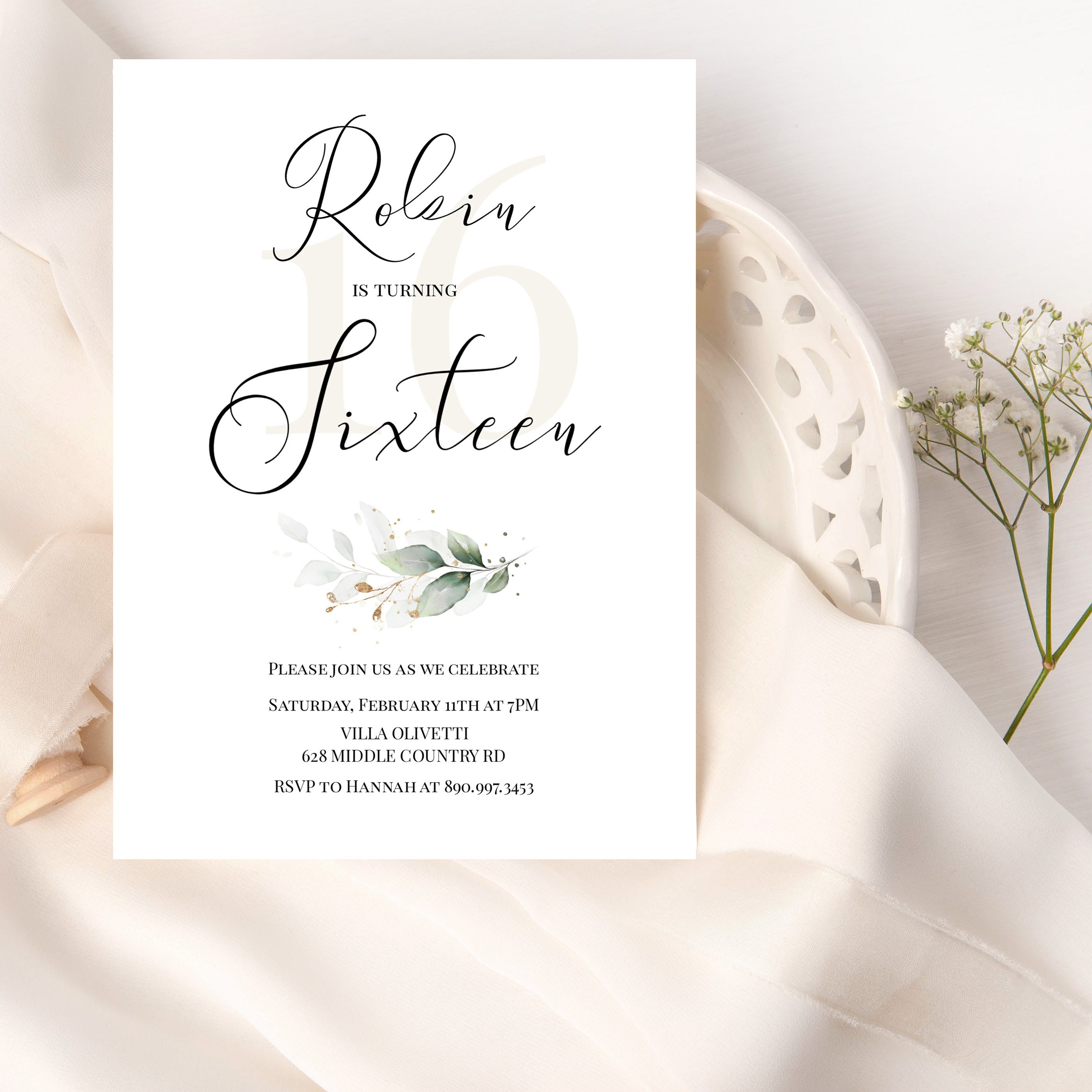 Gold Greenery Birthday Invitation Template 100% Editable | Etsy