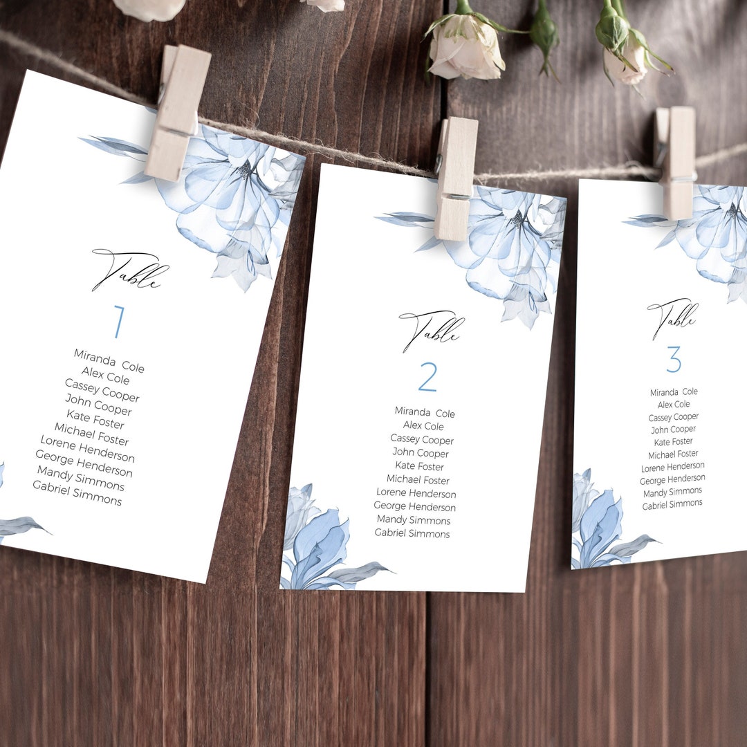 Dusty Blue Seating Table Cards, Floral Table Cards Template, Grey ...