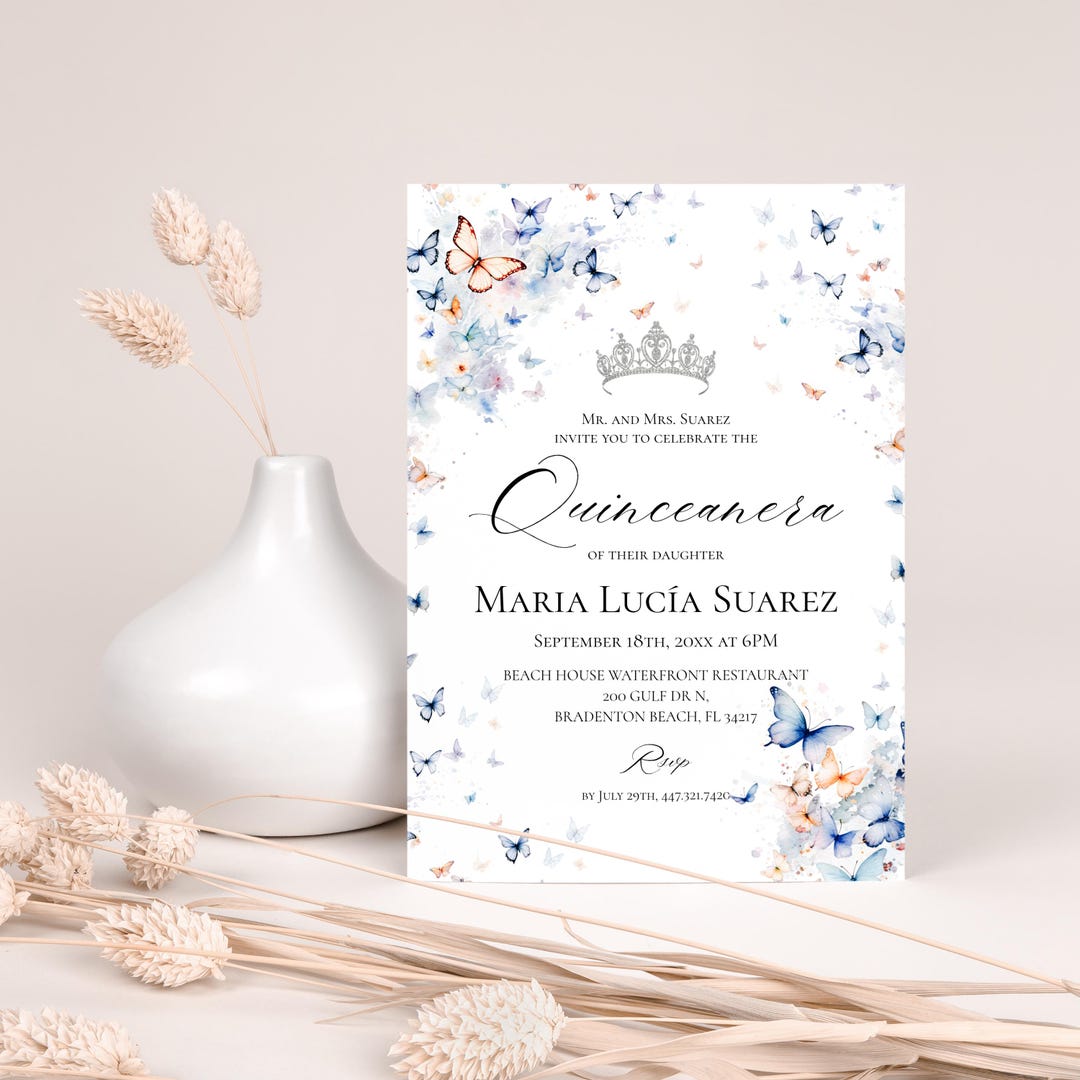Blue Butterfly Quinceanera Invitation Template Butterfly Quinceanera ...