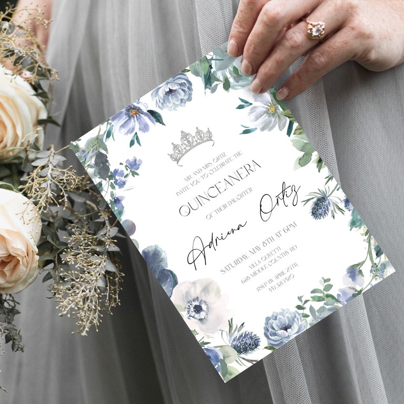 Blue Floral Quinceanera Invitation Template Mis Quince Anos - Etsy