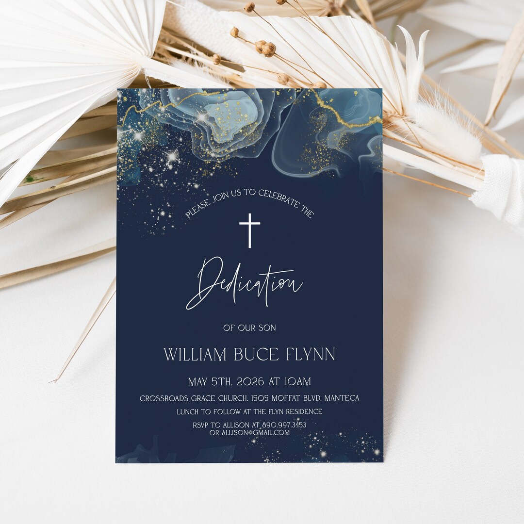 Boy Dedication Invitation Marble Template Navy Blue Dedication Editable ...