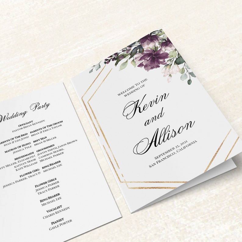 Purple Wedding Program Template, Folded Booklet, Purple Ceremony ...