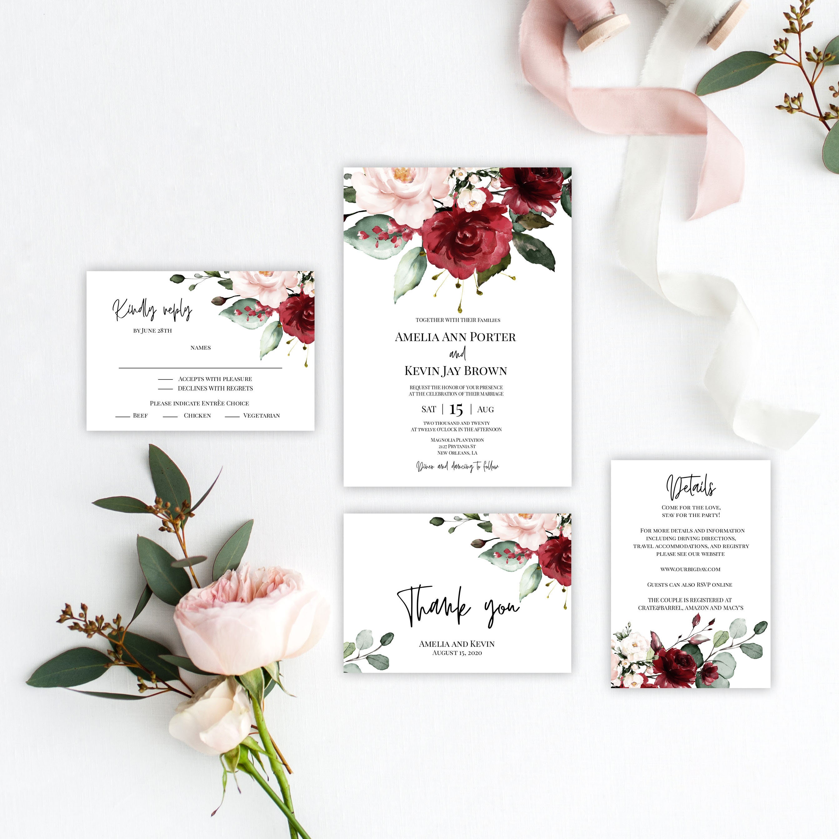 Burgundy Wedding Invitation Template Marsala Wedding | Etsy