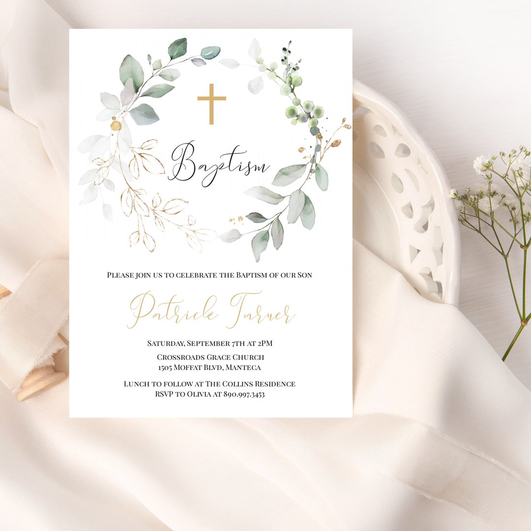 Gold Baptism Invitation, Greenery Baptism Invitation, Boy Baptism ...