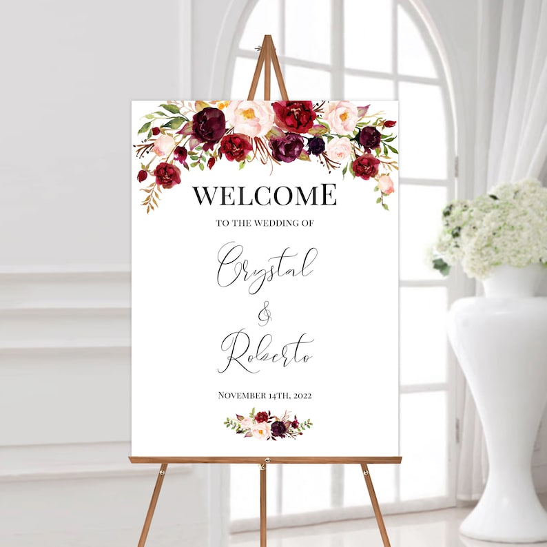 Burgundy Wedding Welcome Sign Template 100% Editable Floral - Etsy