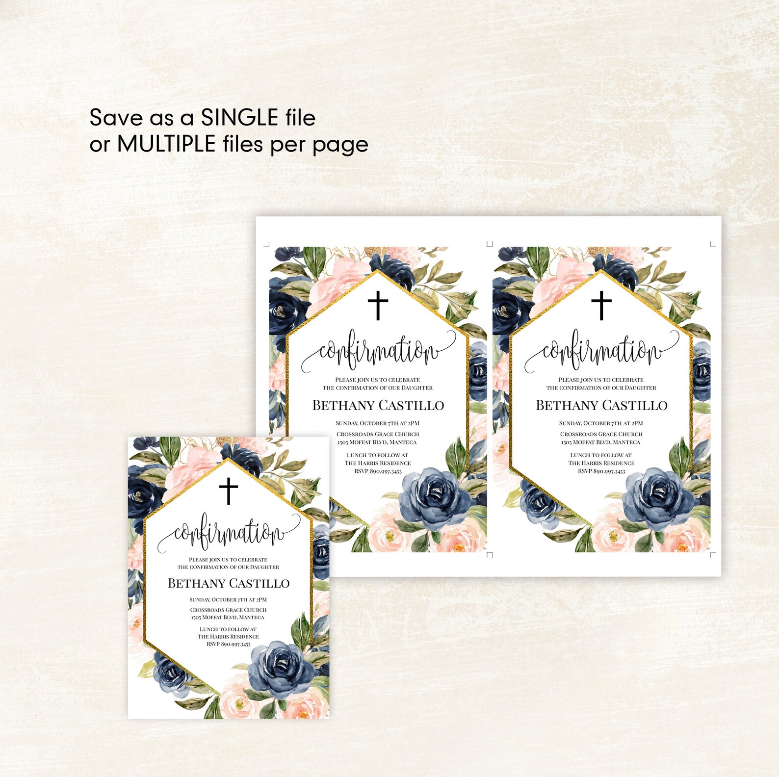 Navy Blush Confirmation Invitation Template, 100% Editable Religious ...