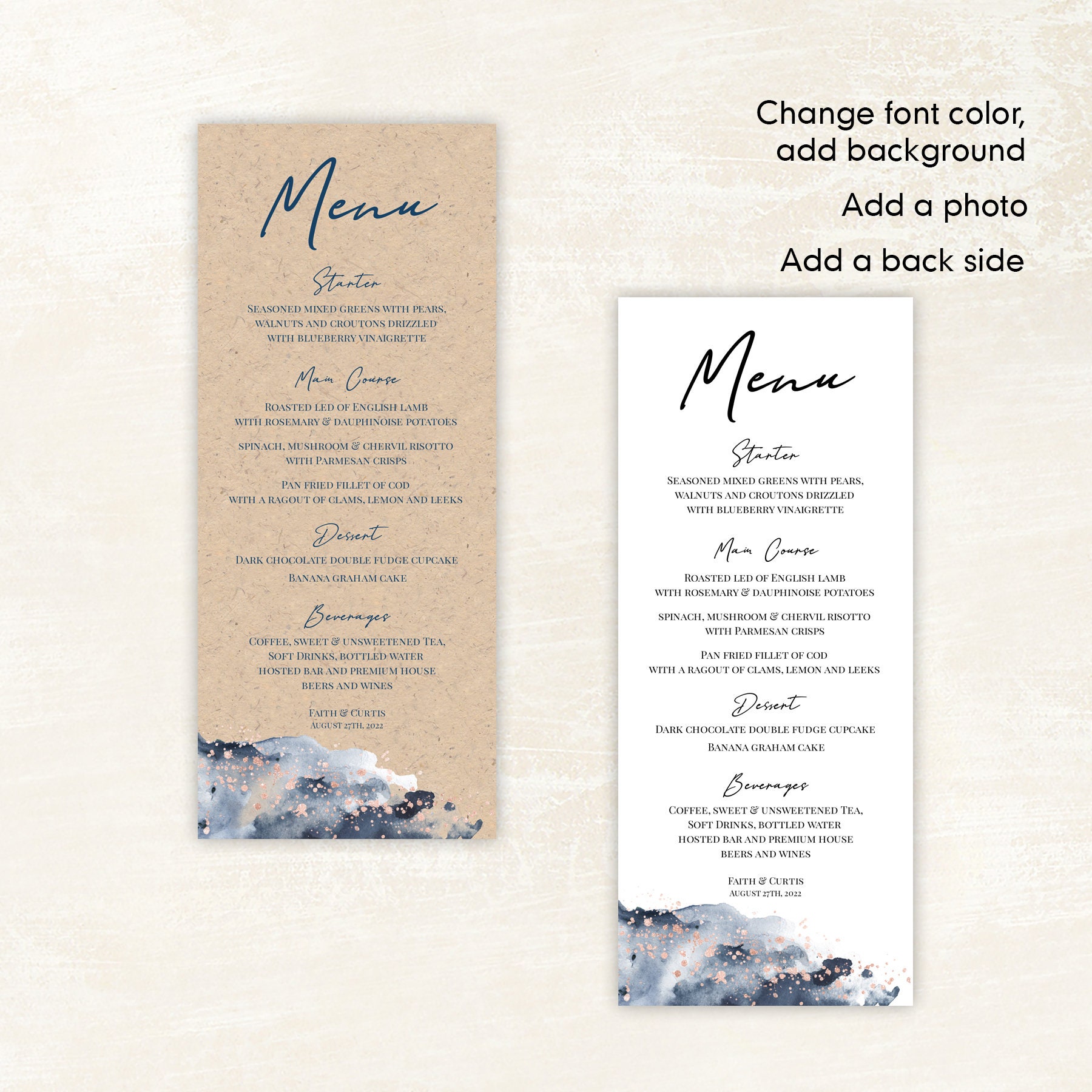 Navy Menu Card Template Menu Template Navy Wedding Menu - Etsy
