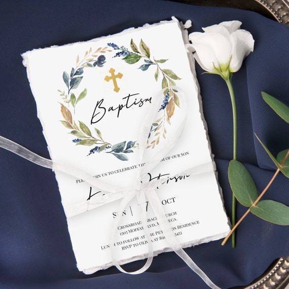 Rustic Baptism Invitation Template 100% Editable Navy | Etsy