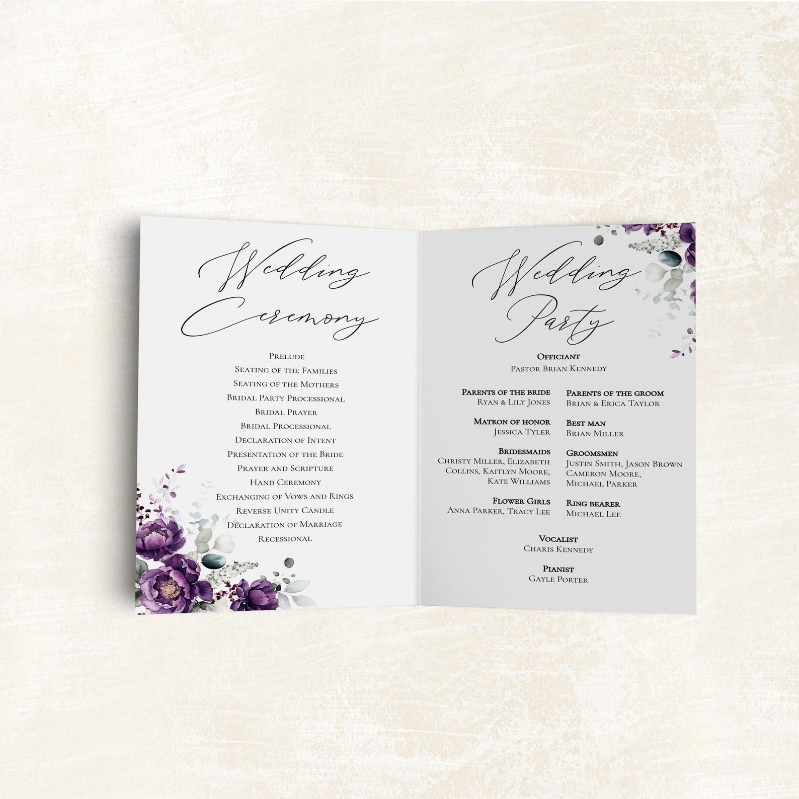 Purple Wedding Program Template Floral Folded Booklet Deep Purple ...