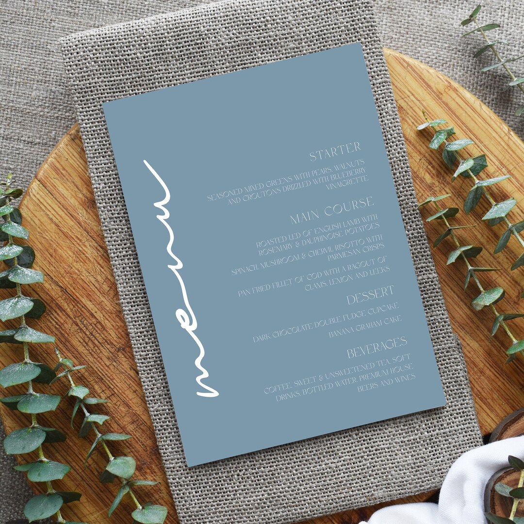 Dusty Blue Minimalist Menu Card Template, Simple Menu Cards, Modern ...