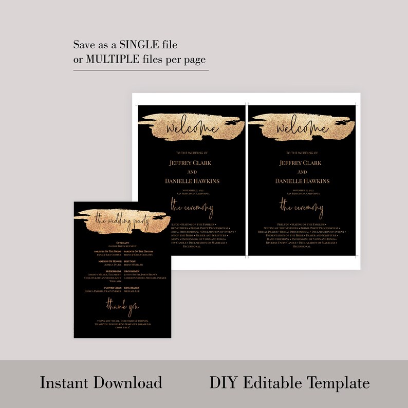 Black and Gold Fan Program Template, Wedding Fan Program, 100% Editable ...