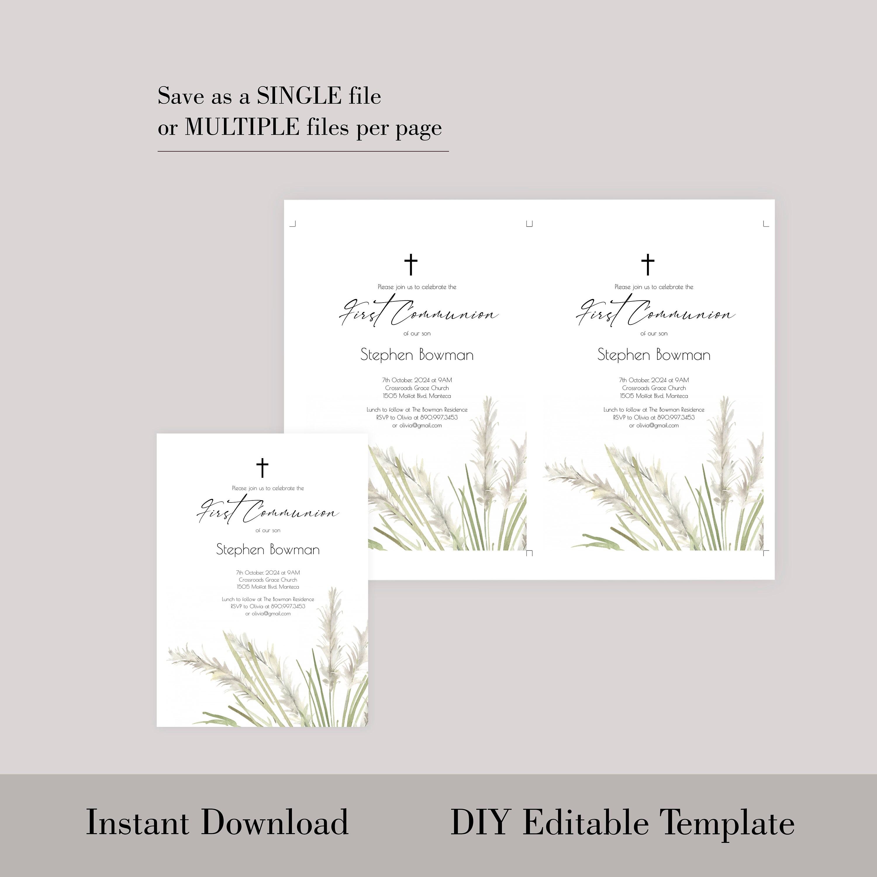 Pampas Grass First Holy Communion Invitation Template Boy | Etsy
