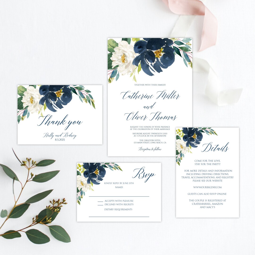Navy Wedding Invitation Template, Navy Wedding Invite, Editable ...