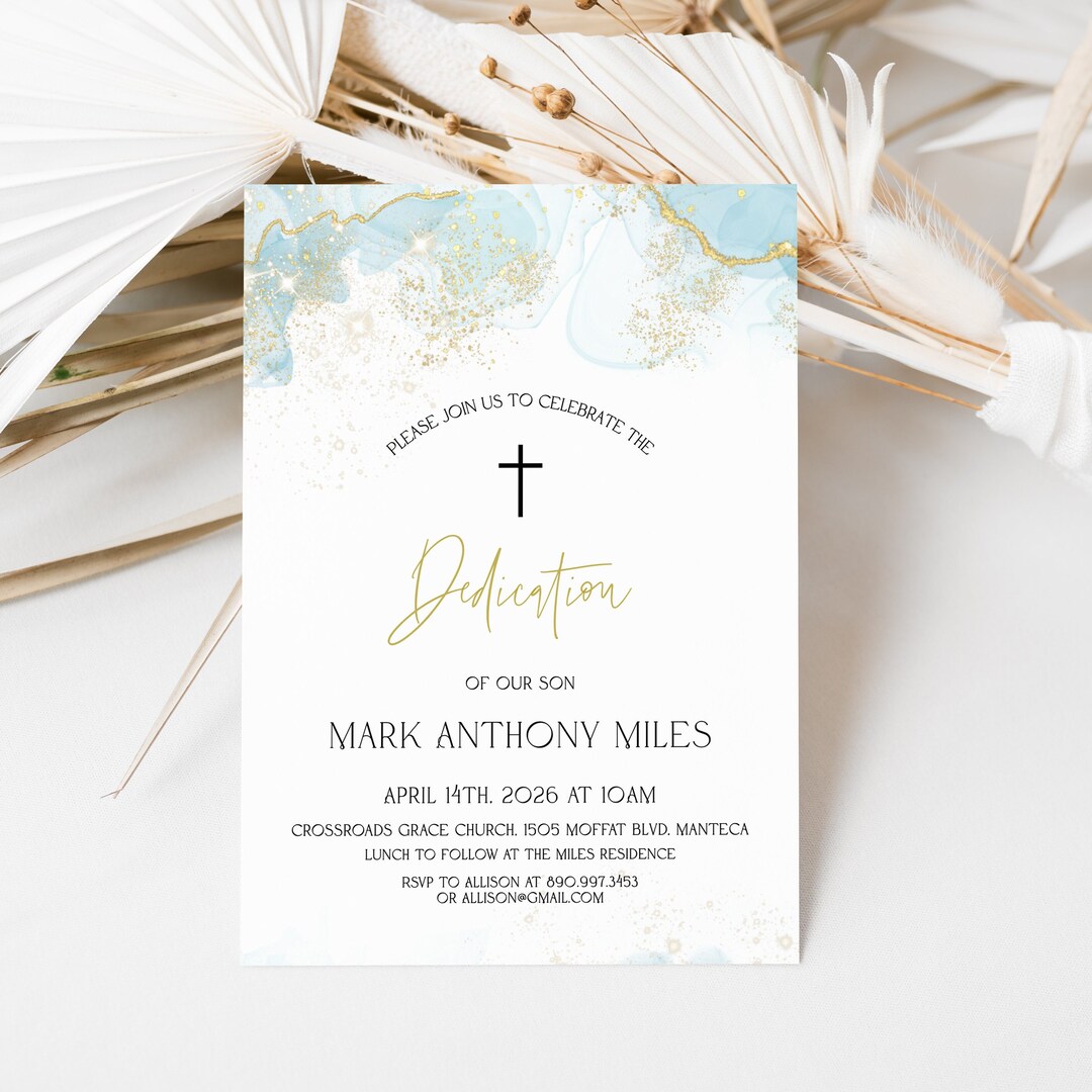Boy Dedication Invitation Marble Effect Light Blue Dedication Template ...