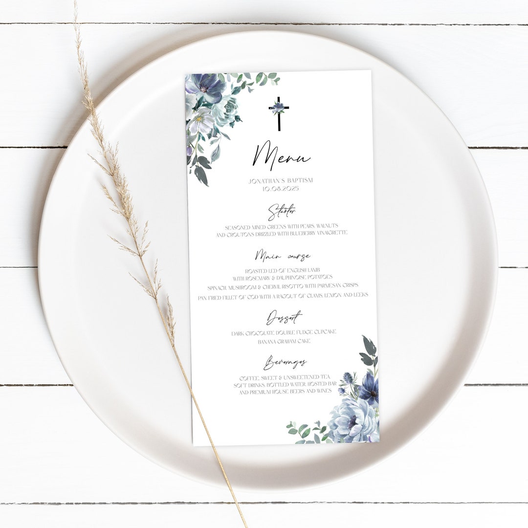 Blue Floral Baptism Menu Card Template Boy Religious Menu - Etsy