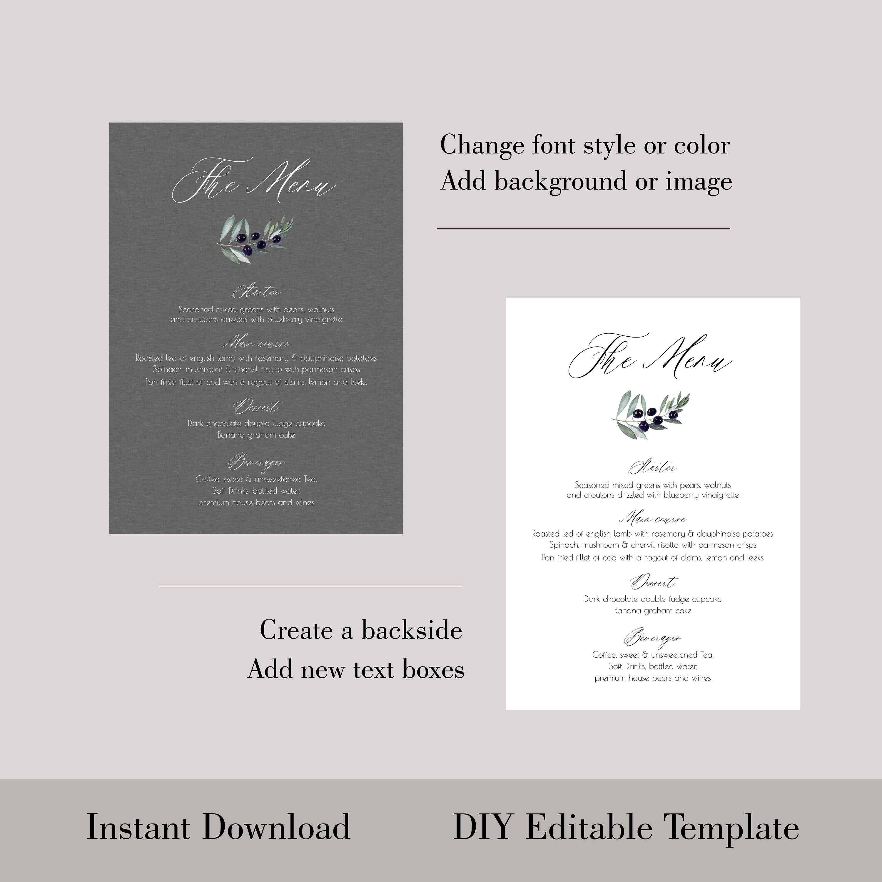 Olive Branch Menu Card Template, 5x7 Menu Card, Greenery Menu, Black ...