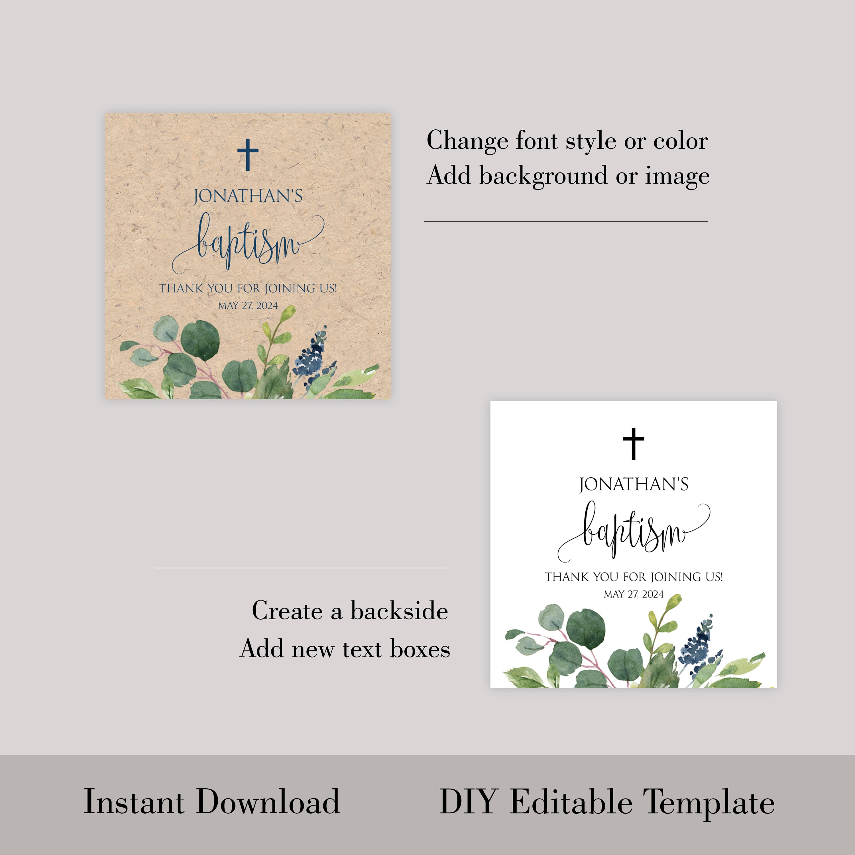 Baptism Candle Label Template Thank You Favor Greenery - Etsy