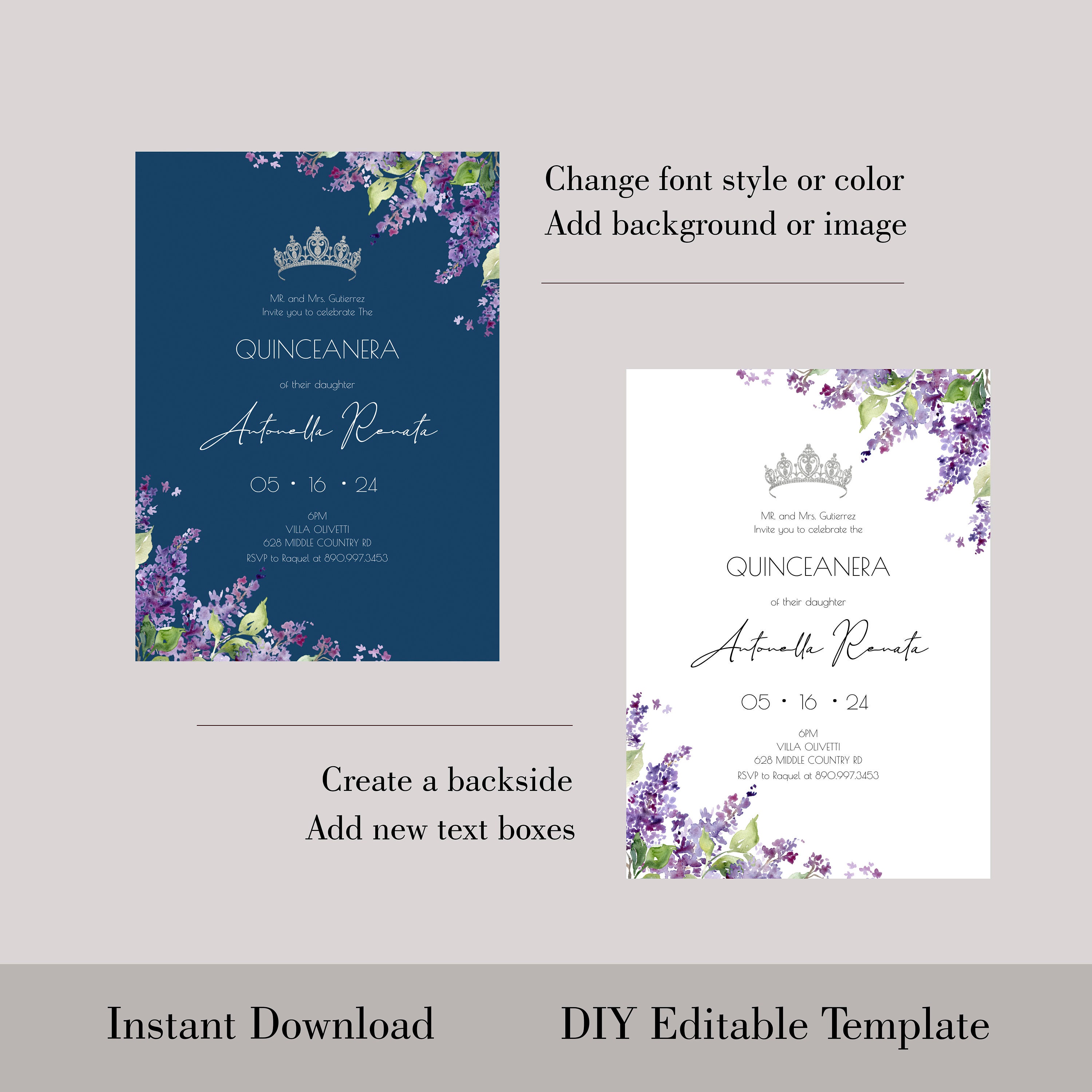 Lilac Floral Quinceanera Invitation Template Mis Quince Anos - Etsy