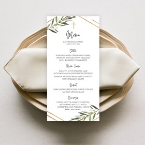 Gold Baptism Menu Template, Greenery Menu Card, Religious Menu Cards ...