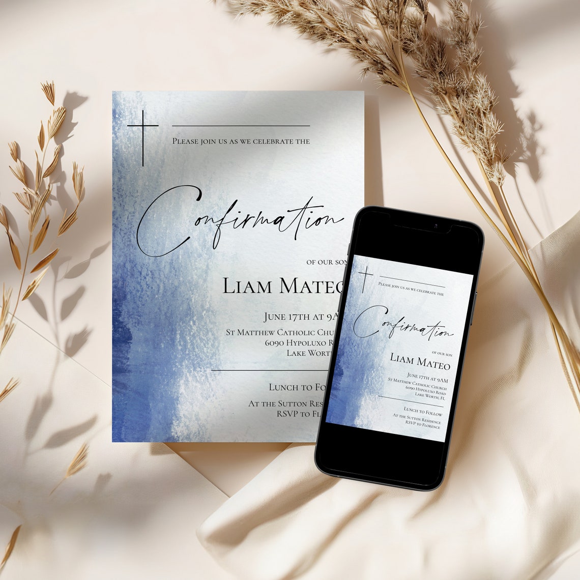 Navy Blue Confirmation Invitation Template Modern Boy Confirmation Boy ...