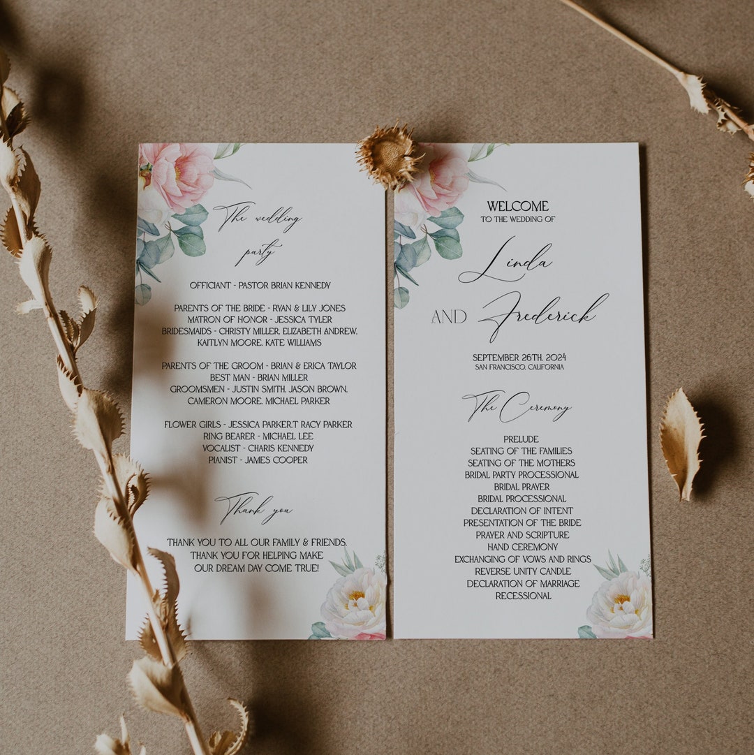 Peonies Wedding Program Template, Floral Wedding Programs, Printable, DIY Ceremony Template ...