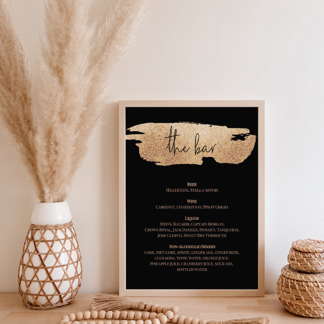 Black and Gold Bar Menu Template, Open Bar Menu, 8x10 Bar Menu, Modern ...