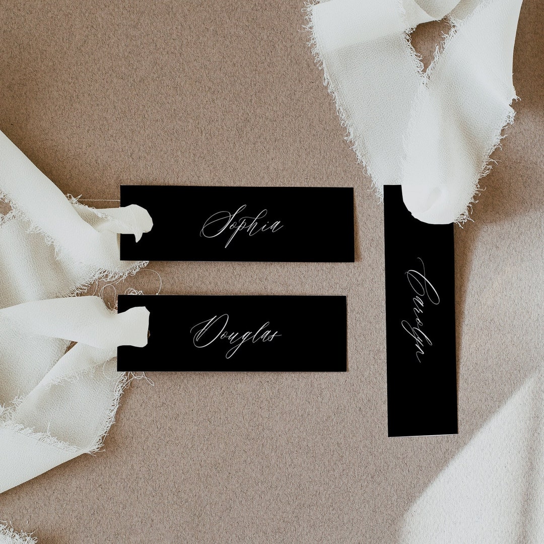 Black Name Tag Template, Minimal Name Tag, Slim Wedding Place Card ...